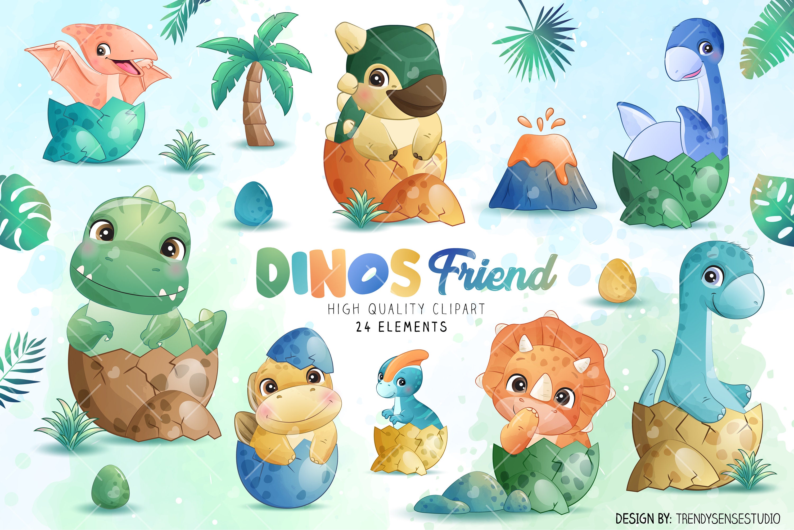Doodle Newborn Dinosaurs digital clipart with watercolor illustration collection. Digital ...