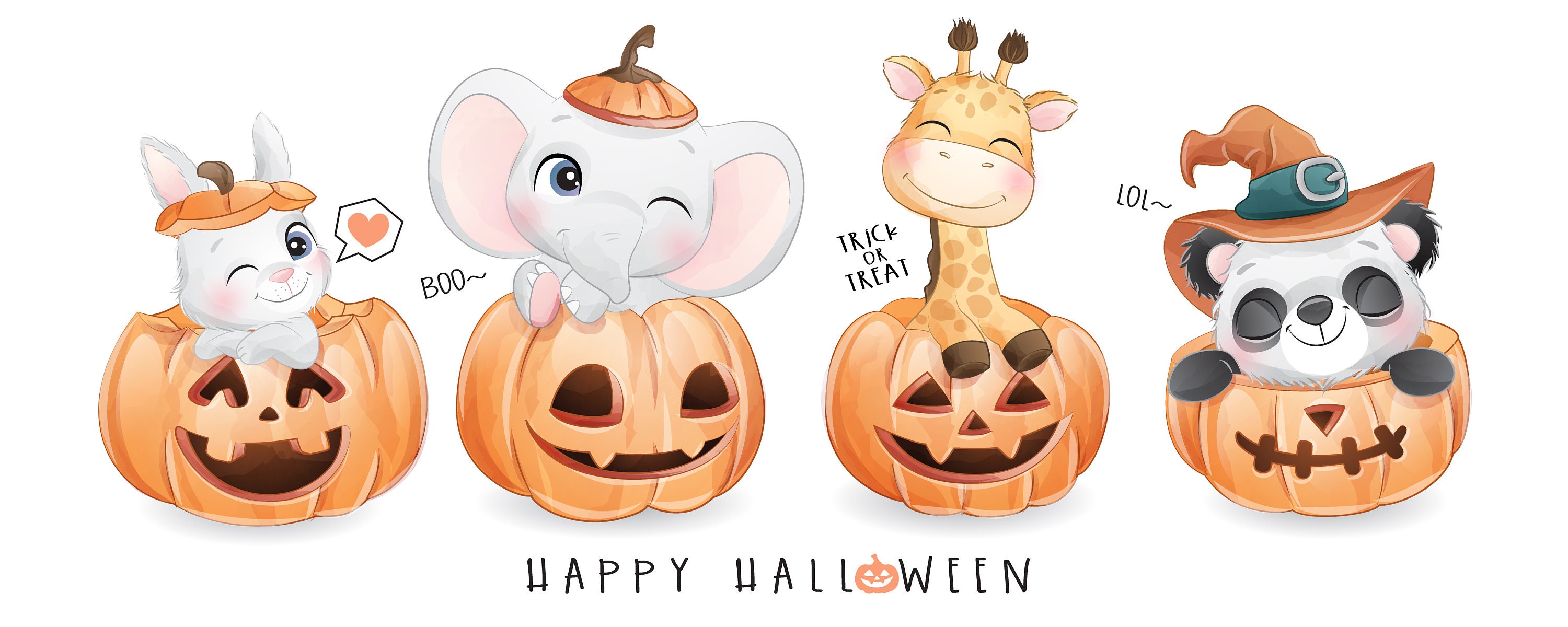 Cute Animals for Halloween Clipart With Watercolor - Etsy