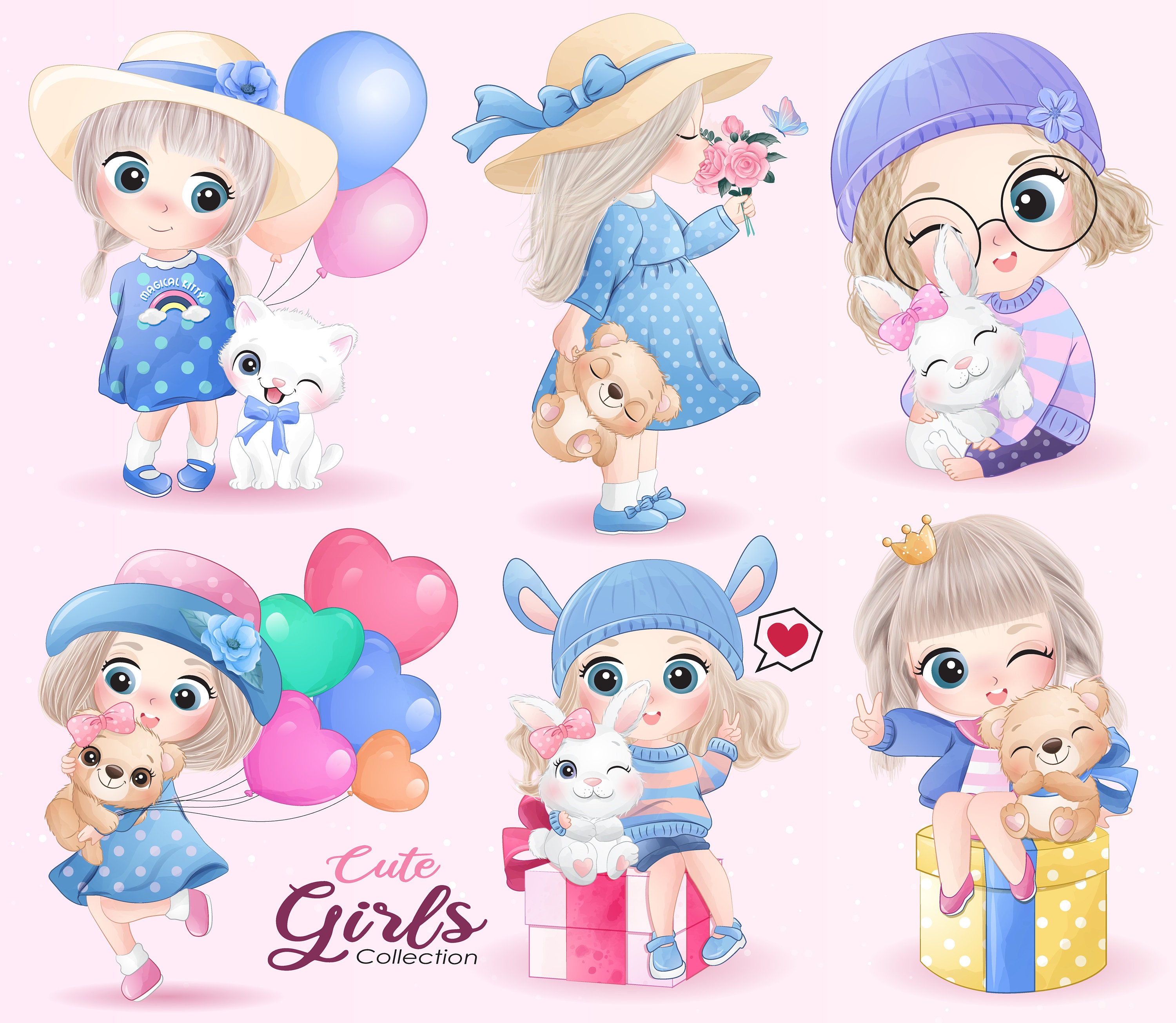 Cute girls clipart set with watercolor illustration | Etsy