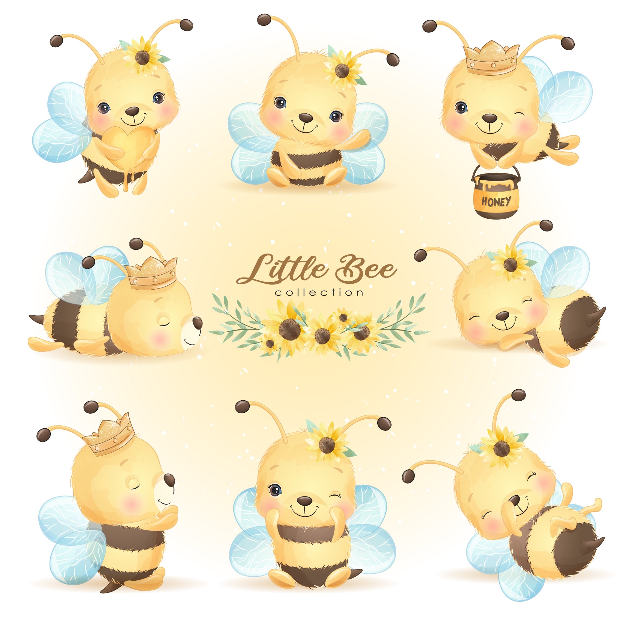 Cute Little Bee poses clipart with watercolor illustration | Etsy