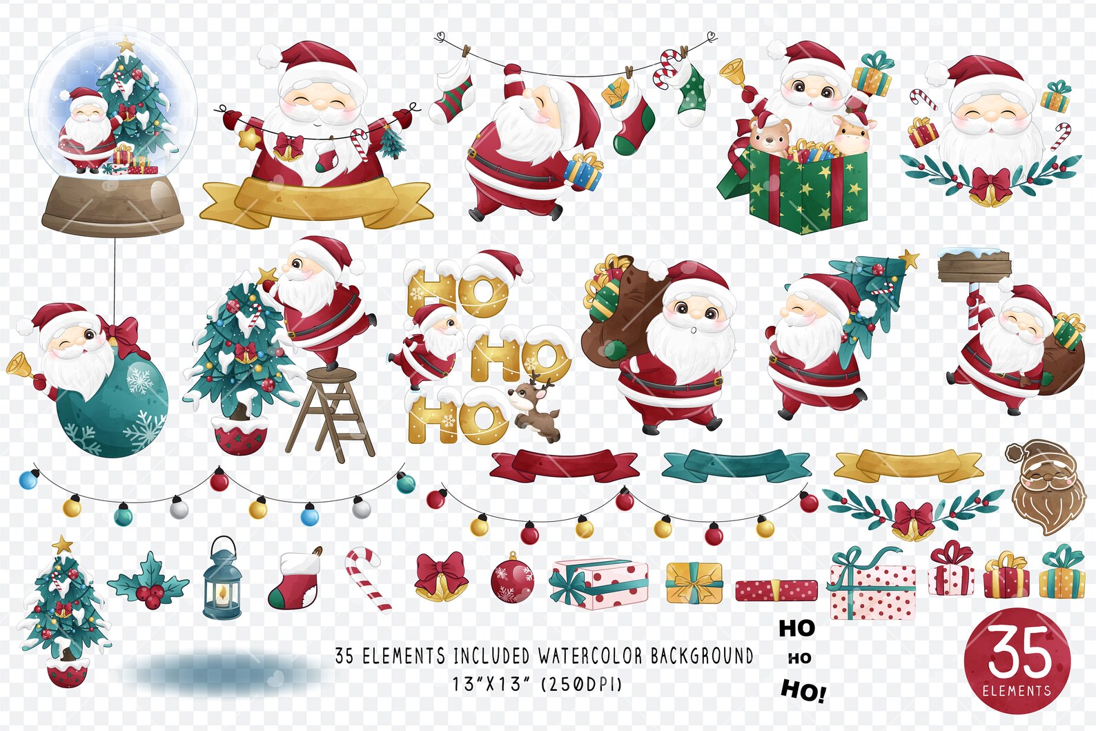 Adorable Santa Claus Christmas Digital Clipart Watercolor Illustration ...
