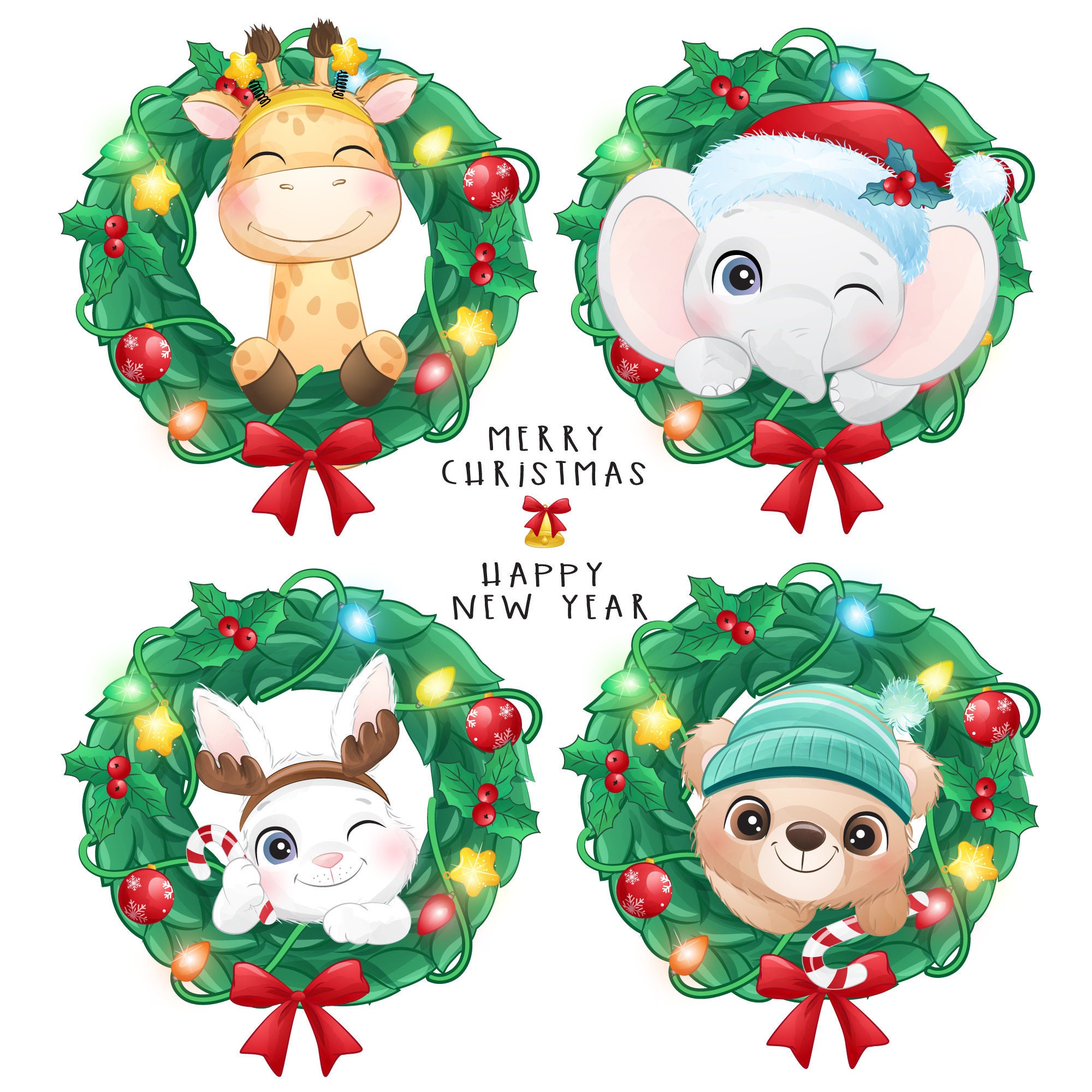 Cute animals for merry christmas clipart with watercolor | Etsy