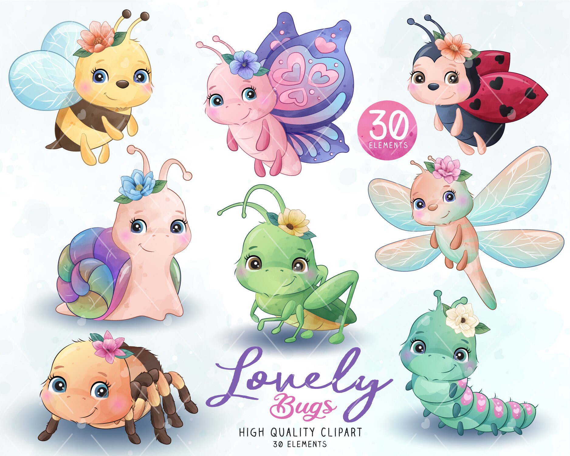 Adorable lovely bugs with floral digital clipart watercolor ... Adorable lovely bugs with floral digital clipart watercolor ...