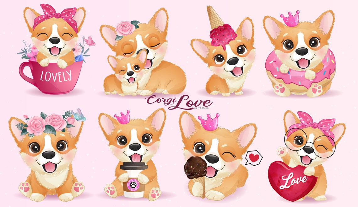 Cute Corgi Love Clipart Set With Watercolor Illustration - Etsy