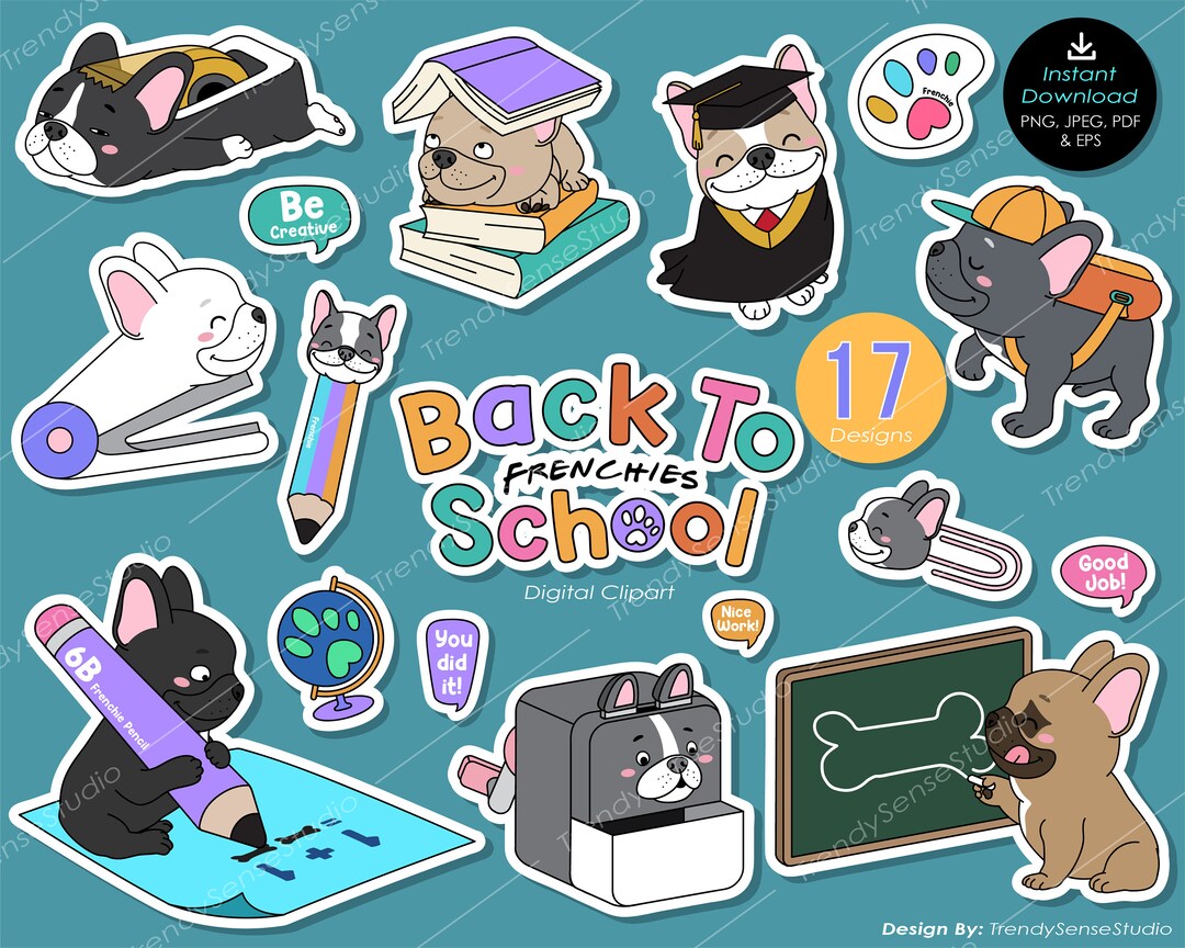 Doodle French Bulldogs Back to School Collection Digital Clipart Bundle ...
