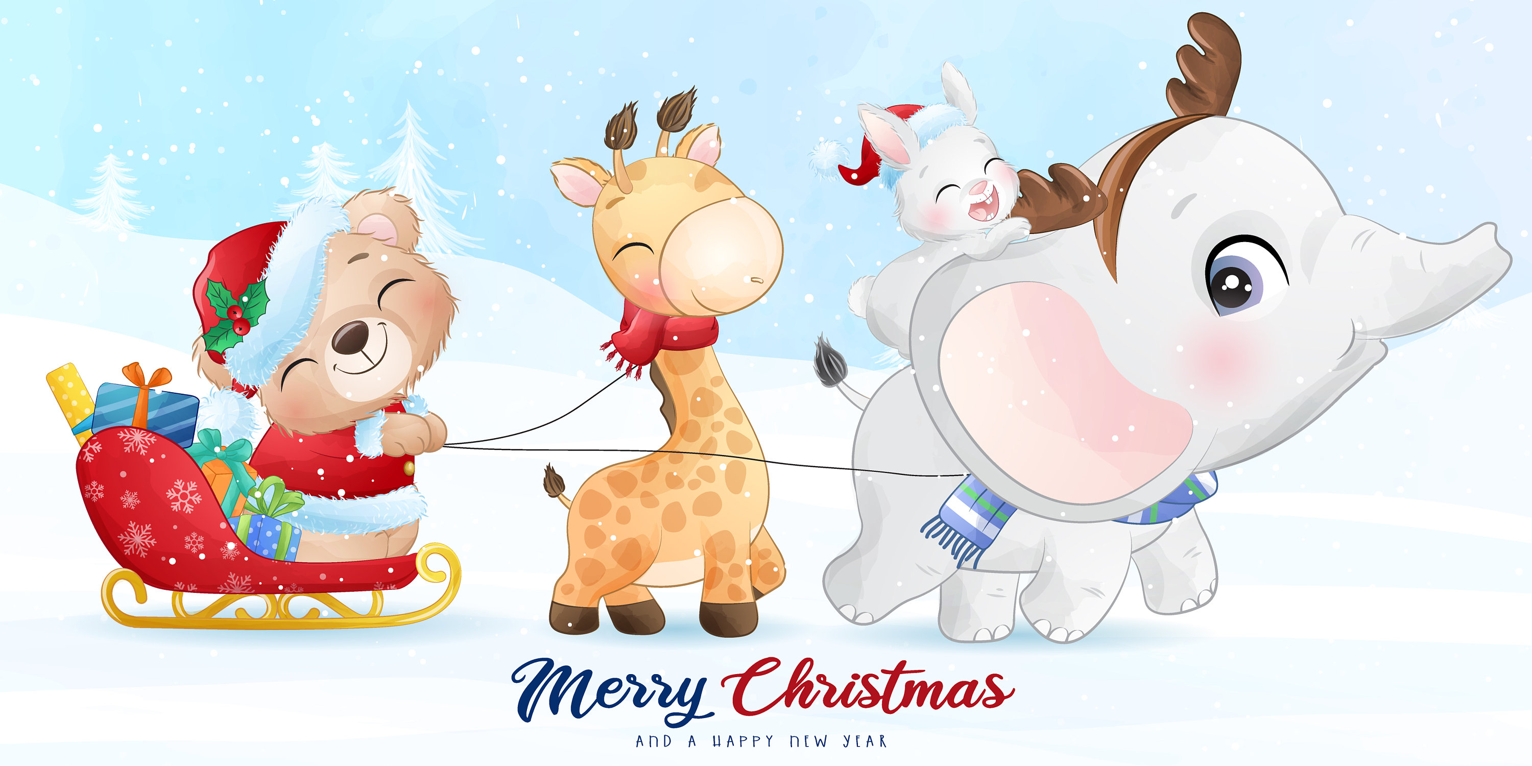 Cute Animals for Merry Christmas Clipart With Watercolor - Etsy