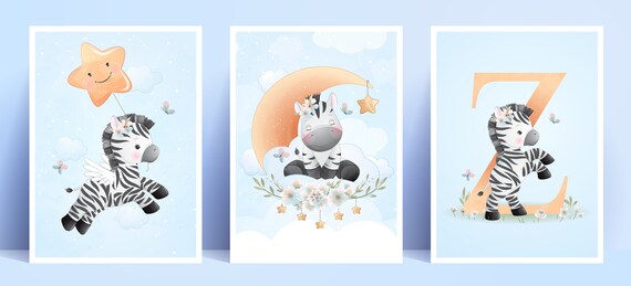 Kids Prints Zebra for Kids Poster Set. Digital Watercolor | Etsy