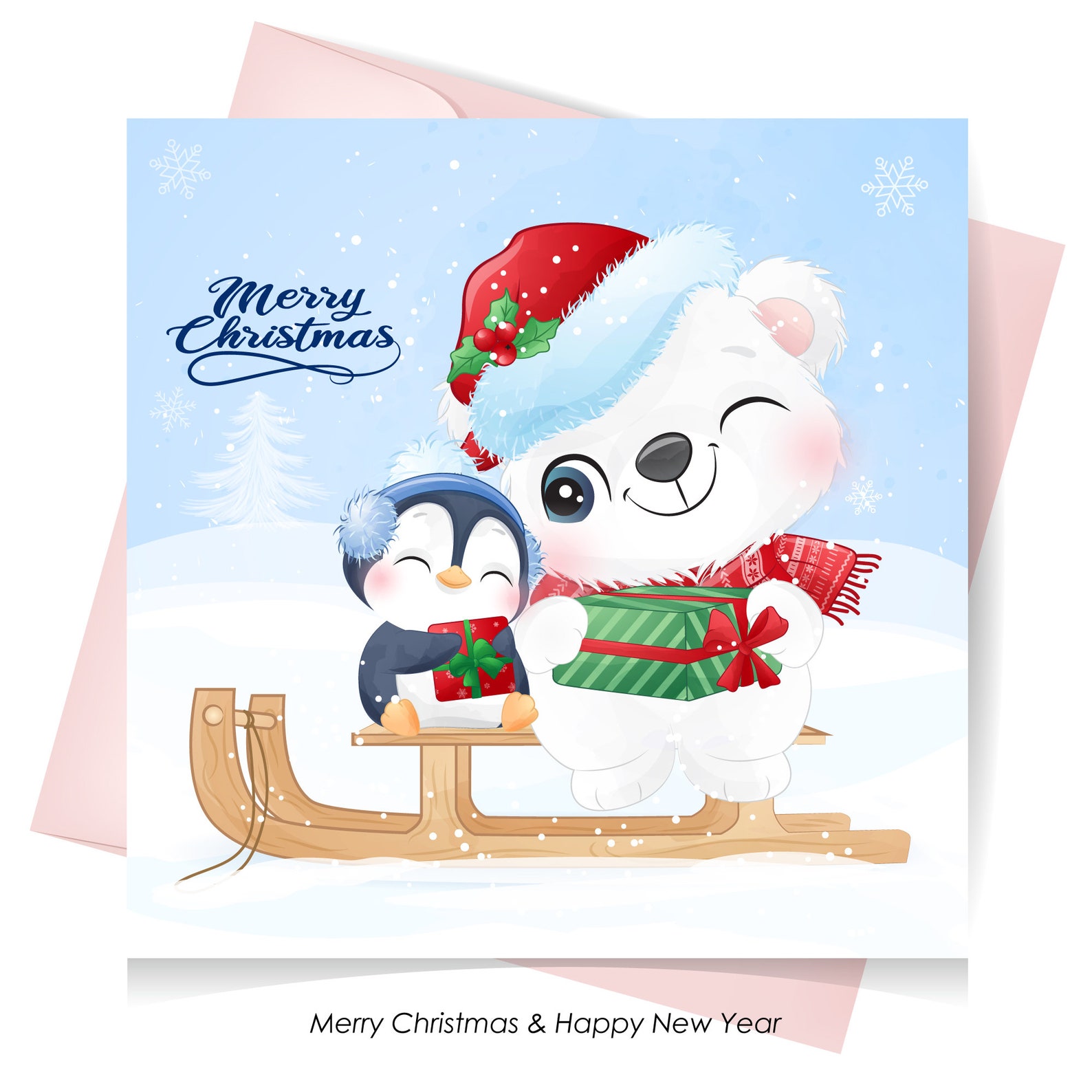 Cute Polar Bear and Penguin for Merry Christmas Greeting Card | Etsy