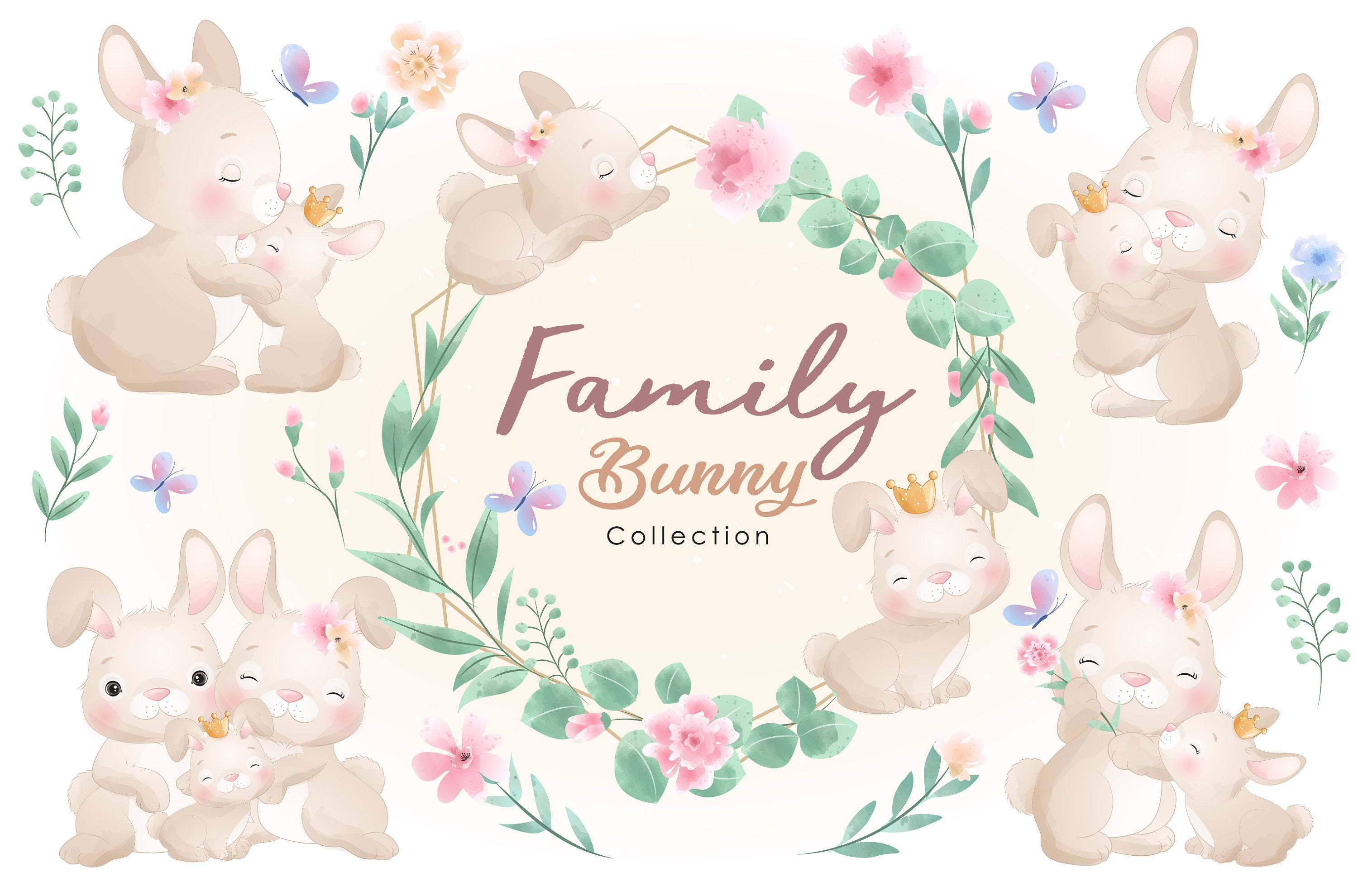 Cute Little Bunny With Floral Clipart With Watercolor | Etsy