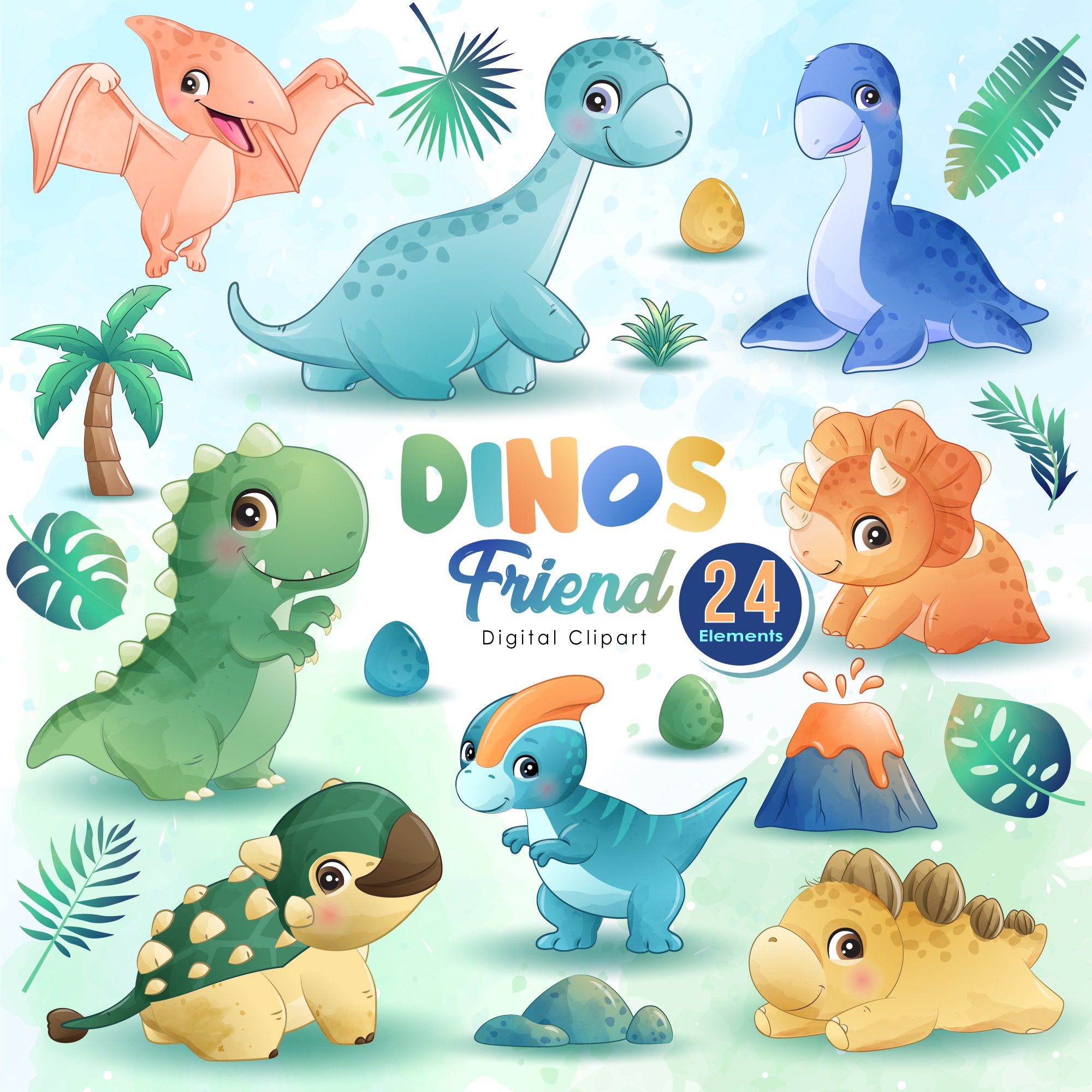 Doodle Dinosaur Friends Digital Clipart With Watercolor Illustration ...