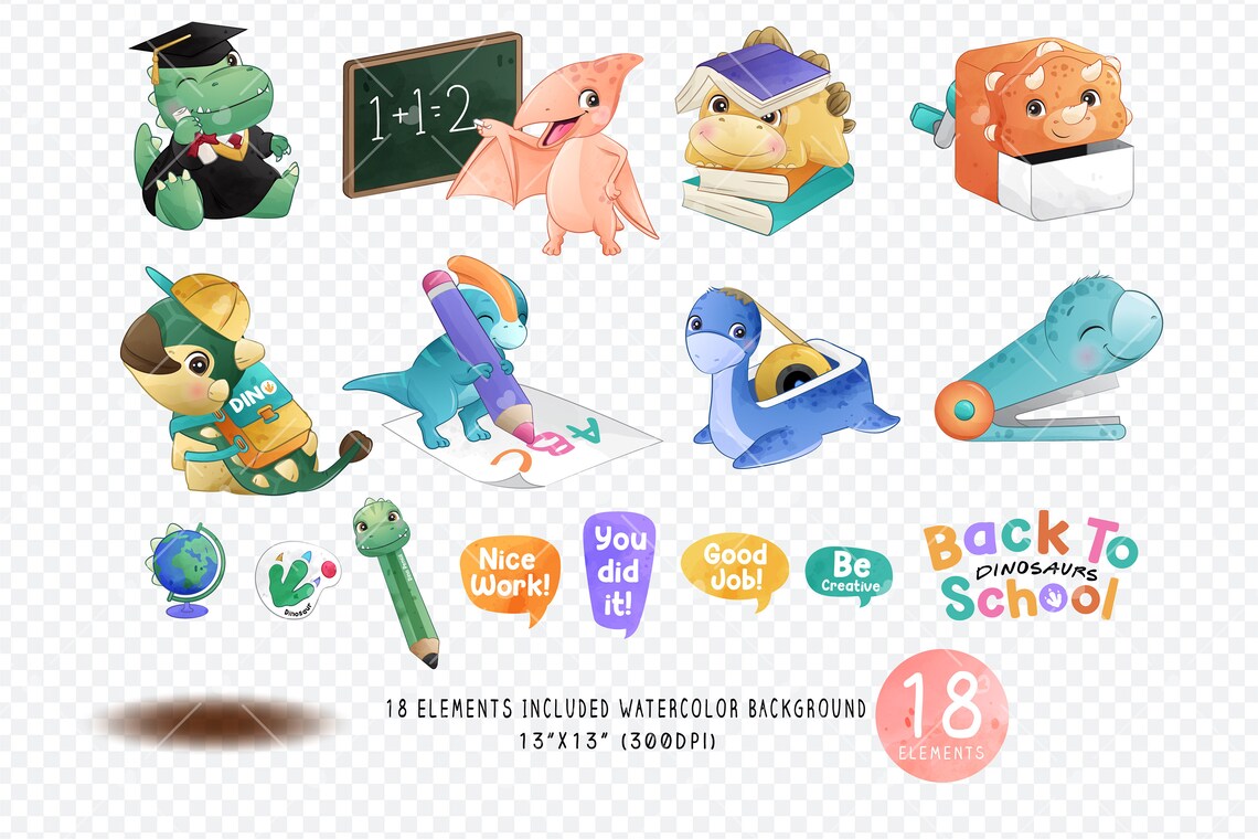 Doodle Dinosaurs Back to School Digital Clipart With Watercolor ...
