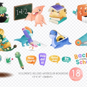 Doodle Dinosaurs Back to School Digital Clipart With Watercolor ...