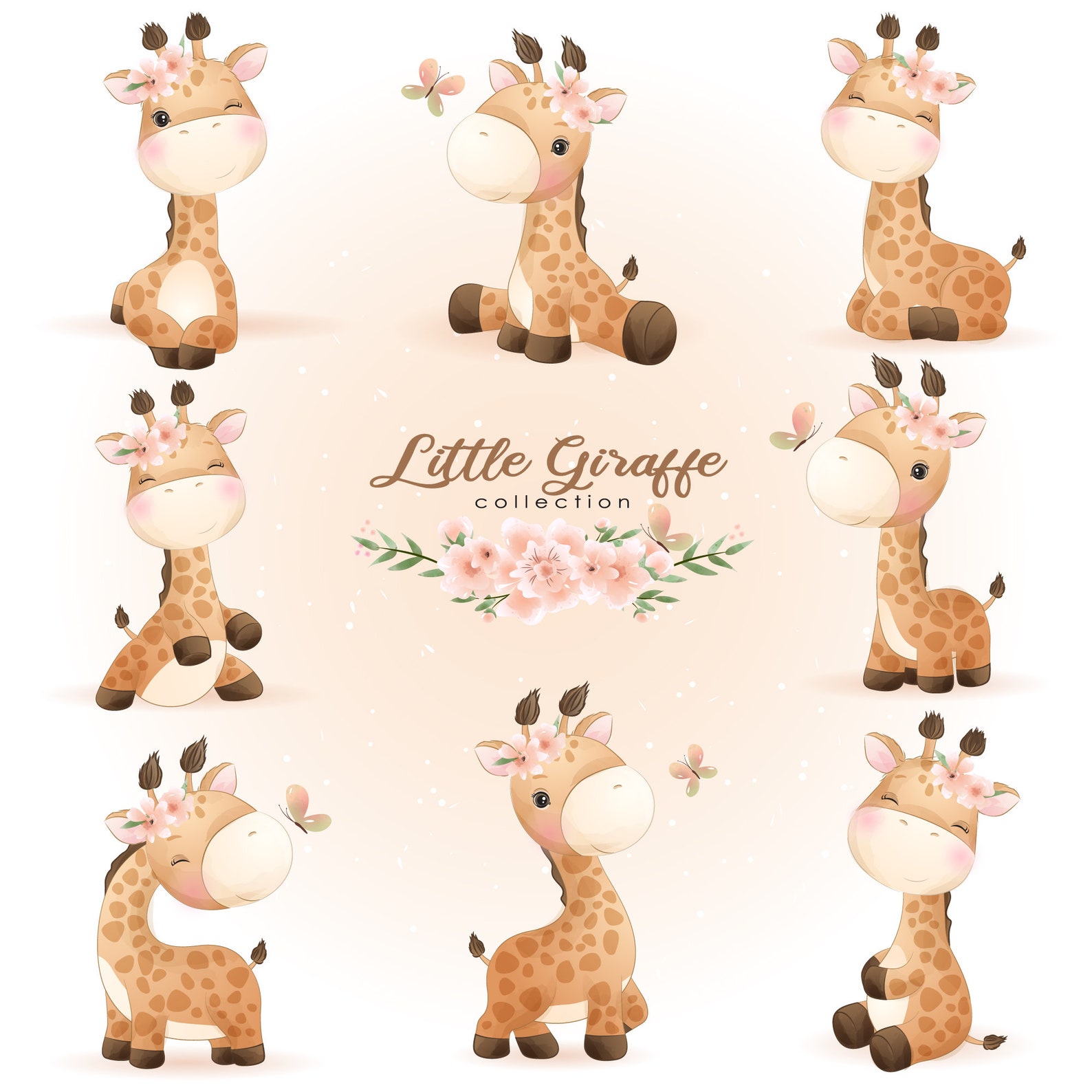 Cute Little Giraffe Poses Clipart With Watercolor Illustration - Etsy