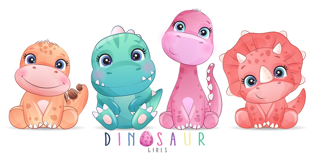 Doodle Dinosaurs Girl Digital Clipart With Watercolor Illustration ...