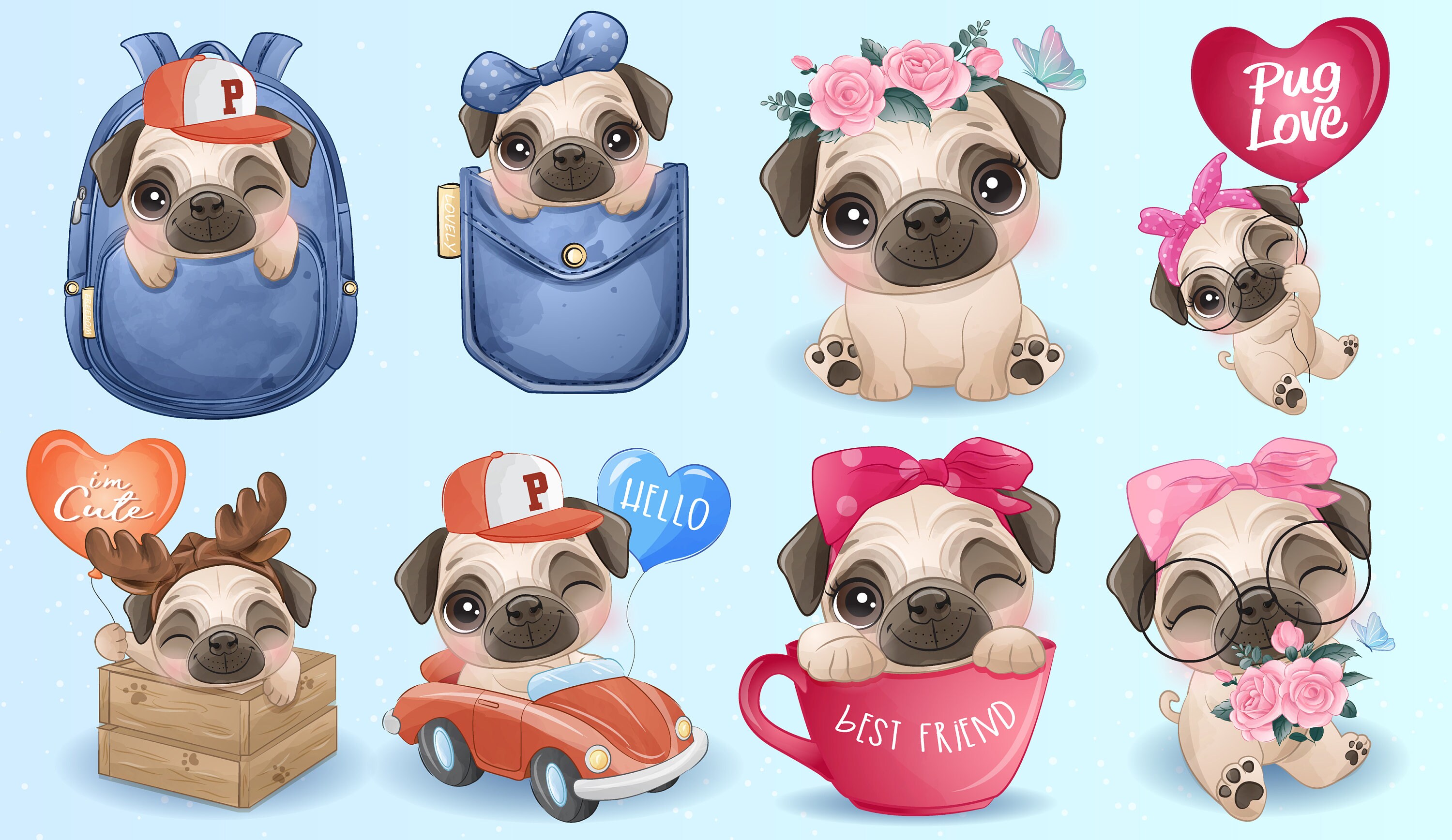 Cute Pug Life Clipart With Watercolor Illustration - Etsy