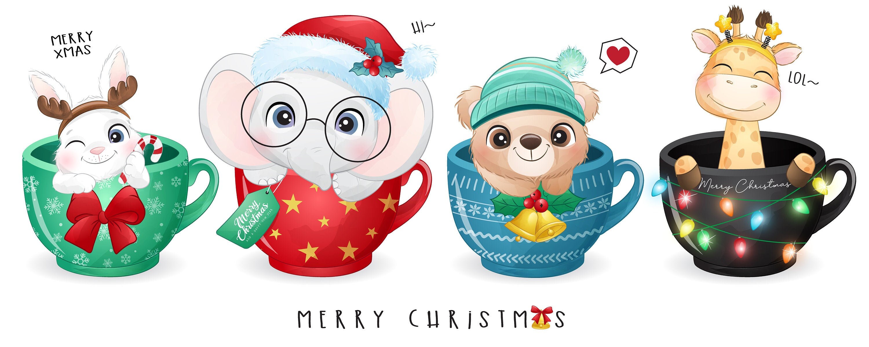 Cute Animals for Merry Christmas Clipart With Watercolor - Etsy