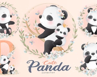Cute Panda Clipart Set With Watercolor Illustration | Etsy