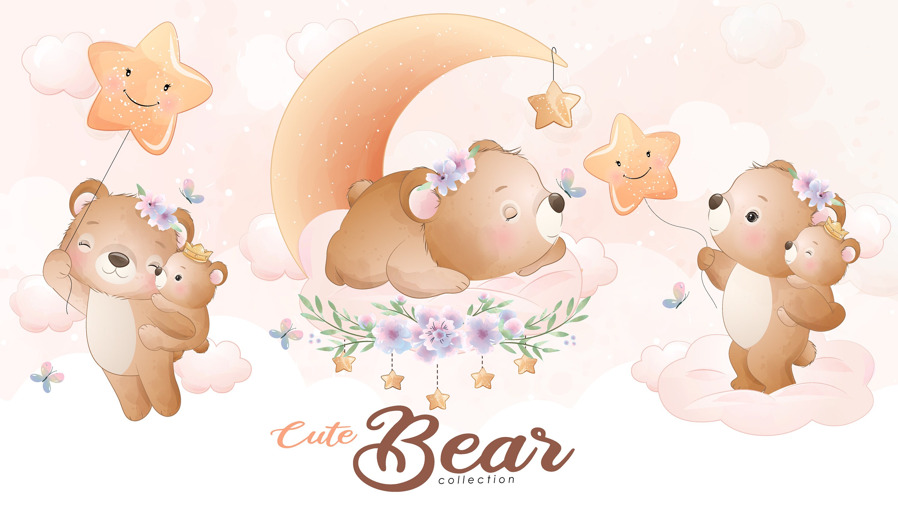 Cute bear clipart set with watercolor illustration | Etsy