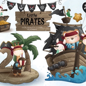 Little Pirates Birthday Party With Numbering Digital Clipart Watercolor ...