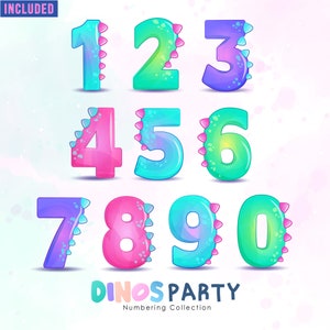 Doodle Girly Dinosaur Birthday Party With Numbering Digital Clipart ...