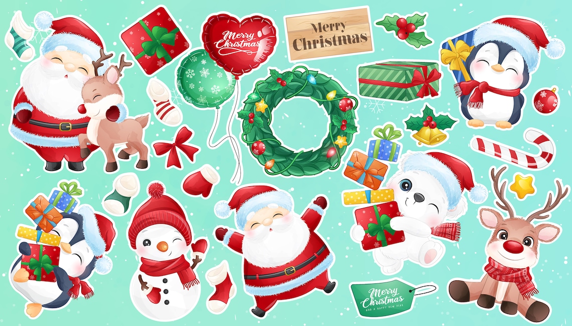 Cute Merry Christmas Sticker Set Clipart With Watercolor - Etsy