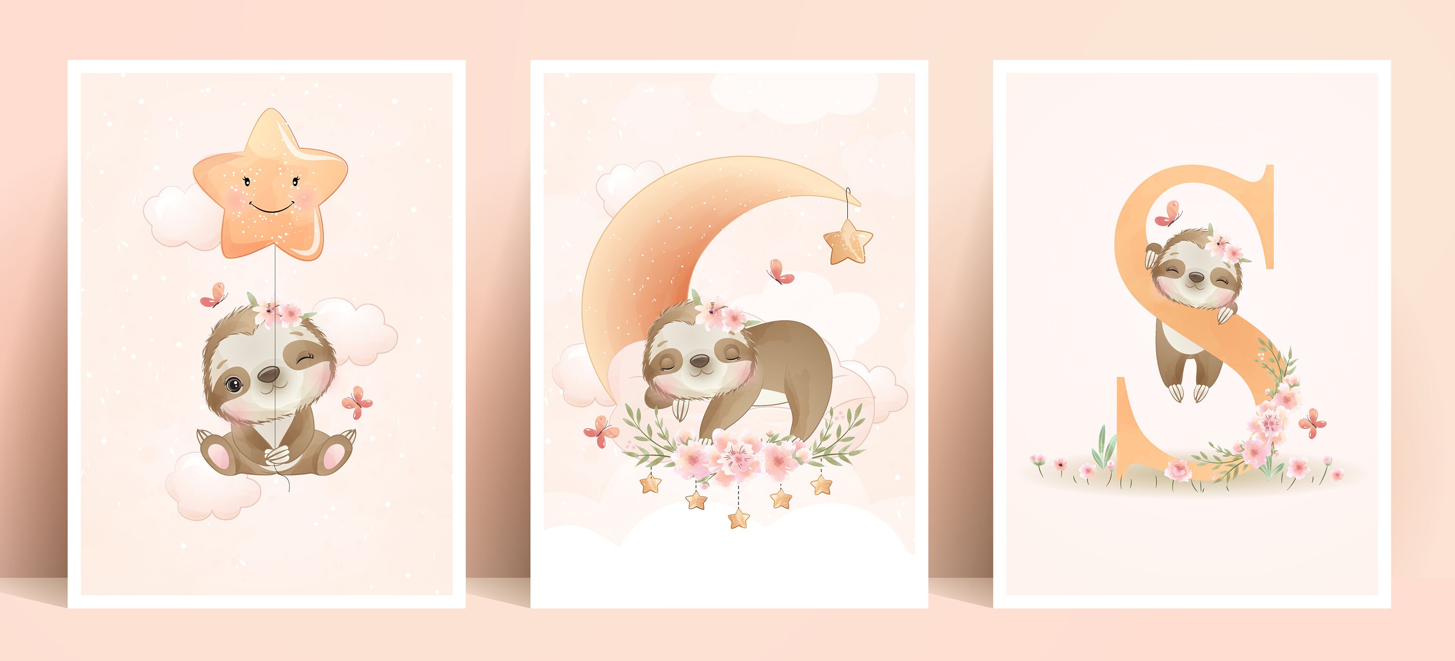 Kids Prints Sloth for Kids Poster Set. Digital Watercolor | Etsy