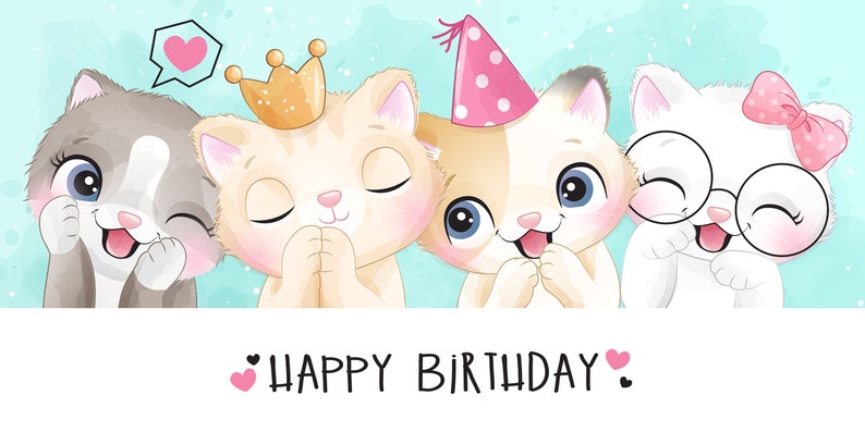 Cute Kitty Birthday Party Clipart Set With Watercolor | Etsy
