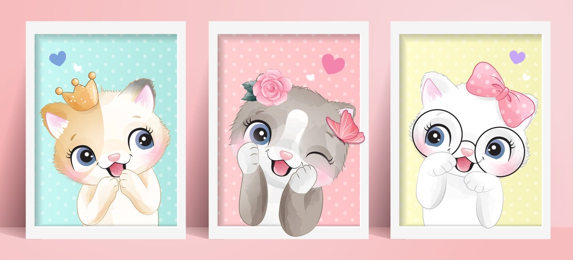 Kids Prints Kitty for Kids Poster Set. Digital Watercolor | Etsy