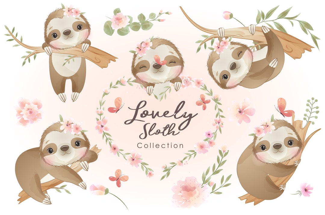 Cute Sloth With Floral Clipart With Watercolor Illustration - Etsy
