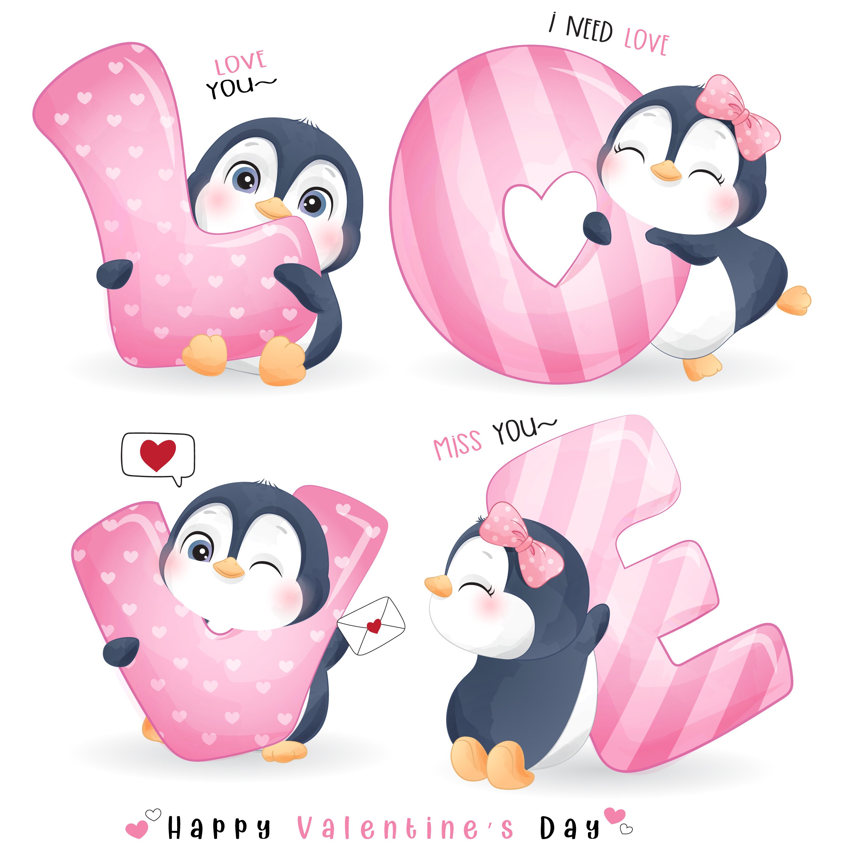 Cute Penguin for Valentines Day Clipart Set. - Etsy