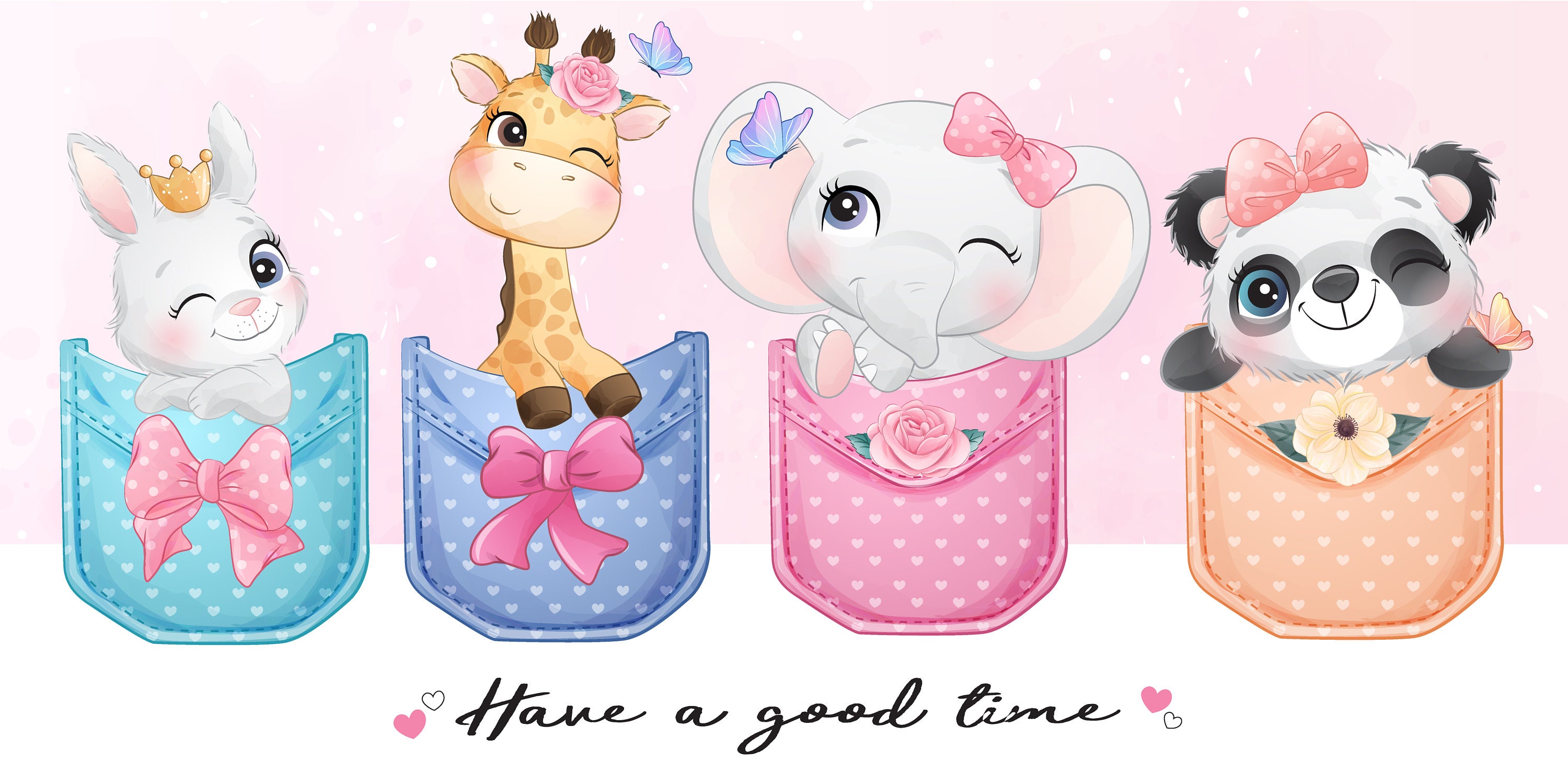 Cute Animals Pocket Clipart With Watercolor Illustration | Etsy