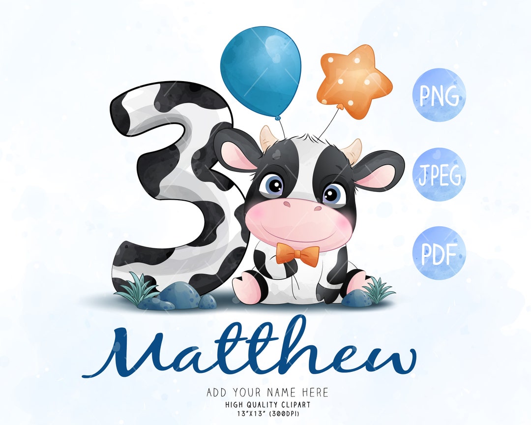 Custom Name With Adorable Cow Boy Birthday Number 3 Digital Clipart ...