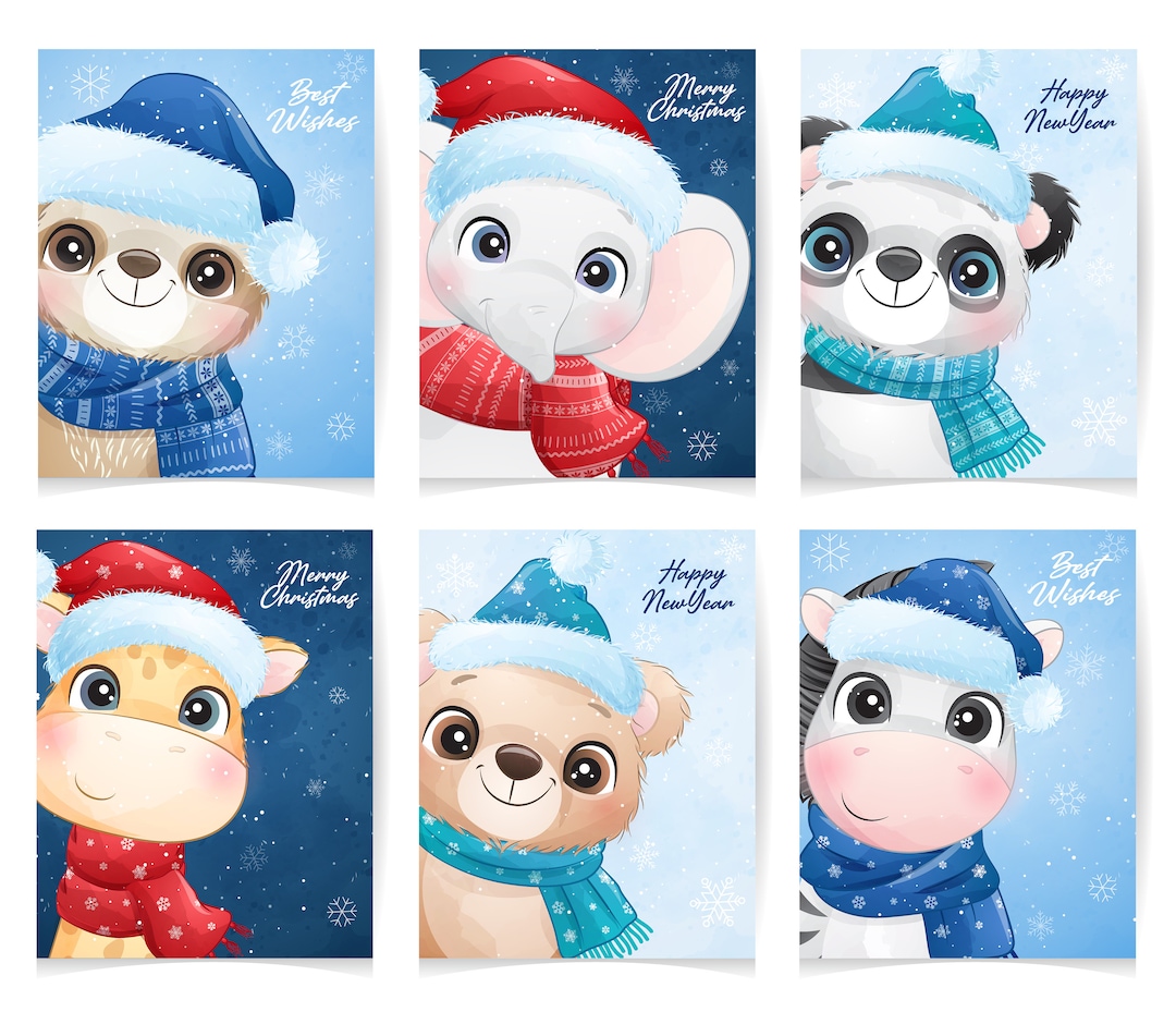 Cute Animals for Merry Christmas Greeting Card Clipart - Etsy