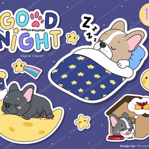 Doodle French Bulldogs Good Night Collection Digital Clipart Bundle ...