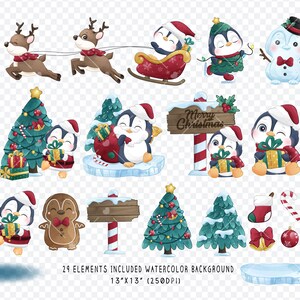 Adorable Penguins Christmas Digital Clipart Watercolor Illustration ...