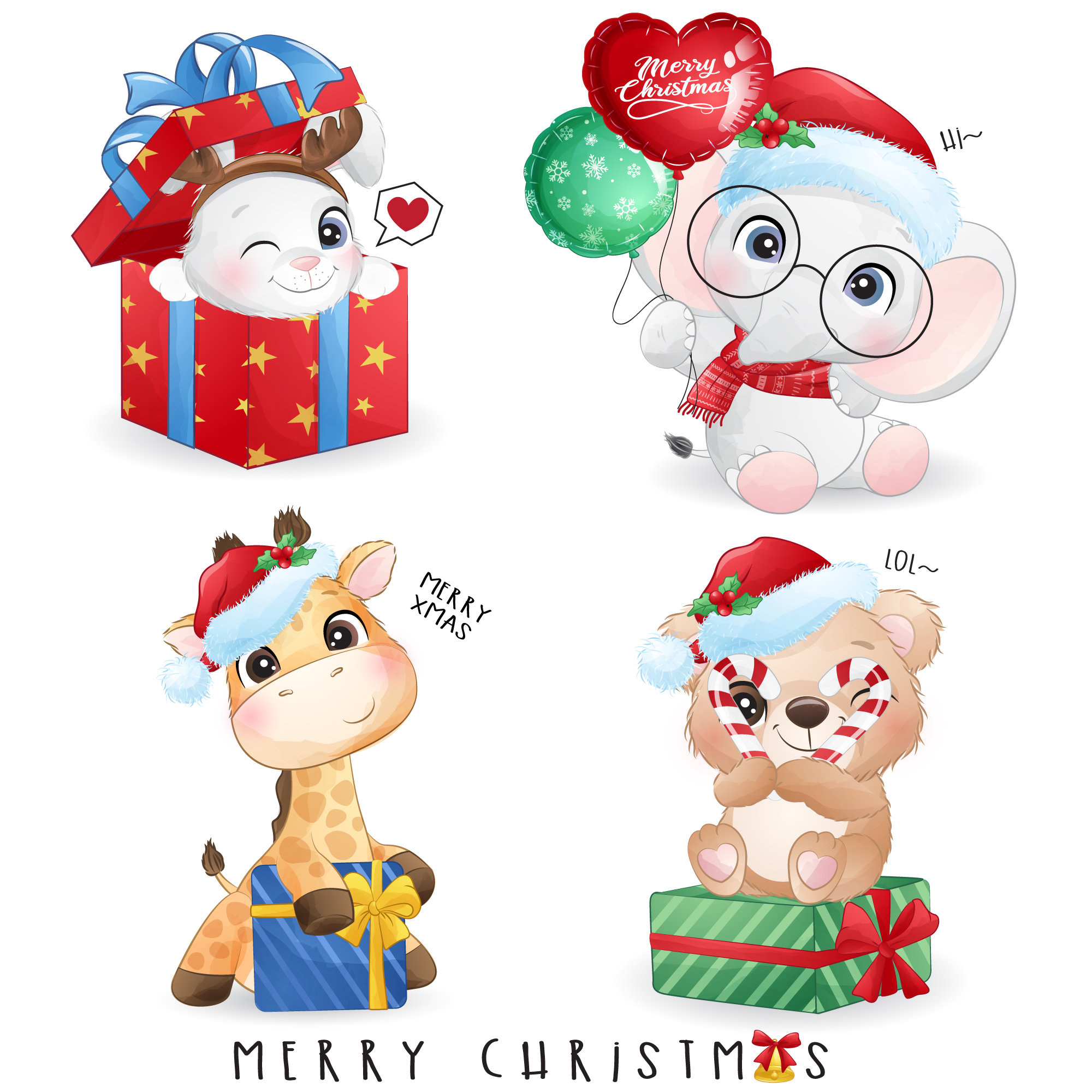 Cute Animals for Merry Christmas Clipart With Watercolor - Etsy