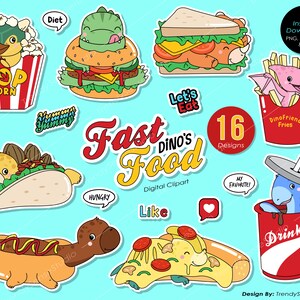 Doodle Dinosaurs Fast Food Collection Digital Clipart Bundle, Sticker ...