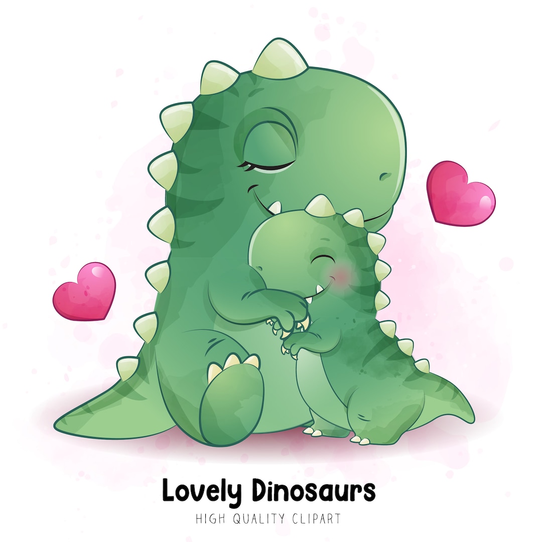 Doodle Dinosaurs Mother and Baby Digital Clipart With Watercolor ...