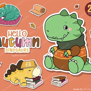 Doodle Dinosaurs Autumn Collection Digital Clipart Bundle, Sticker ...