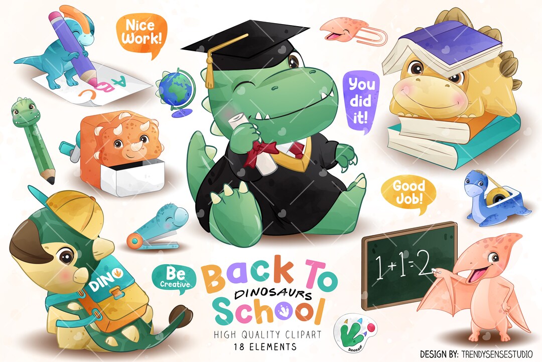 Doodle Dinosaurs Back to School Digital Clipart With Watercolor ...