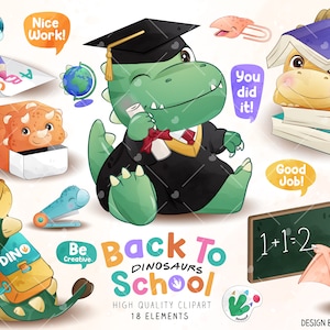 Doodle Dinosaurs Back to School Digital Clipart With Watercolor ...