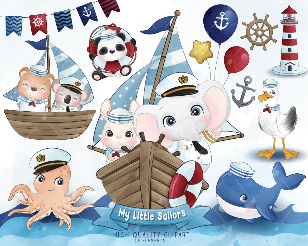 Little Sailors Birthday Party With Numbering Digital Clipart Watercolor ...