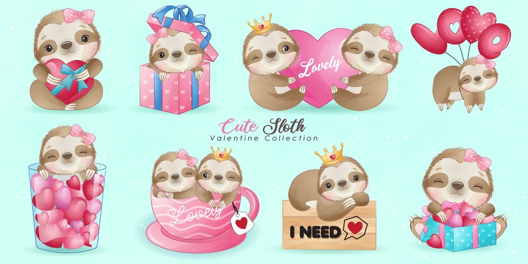 Cute Sloth for Valentine's Day Clipart With Watercolor Illustration - Etsy