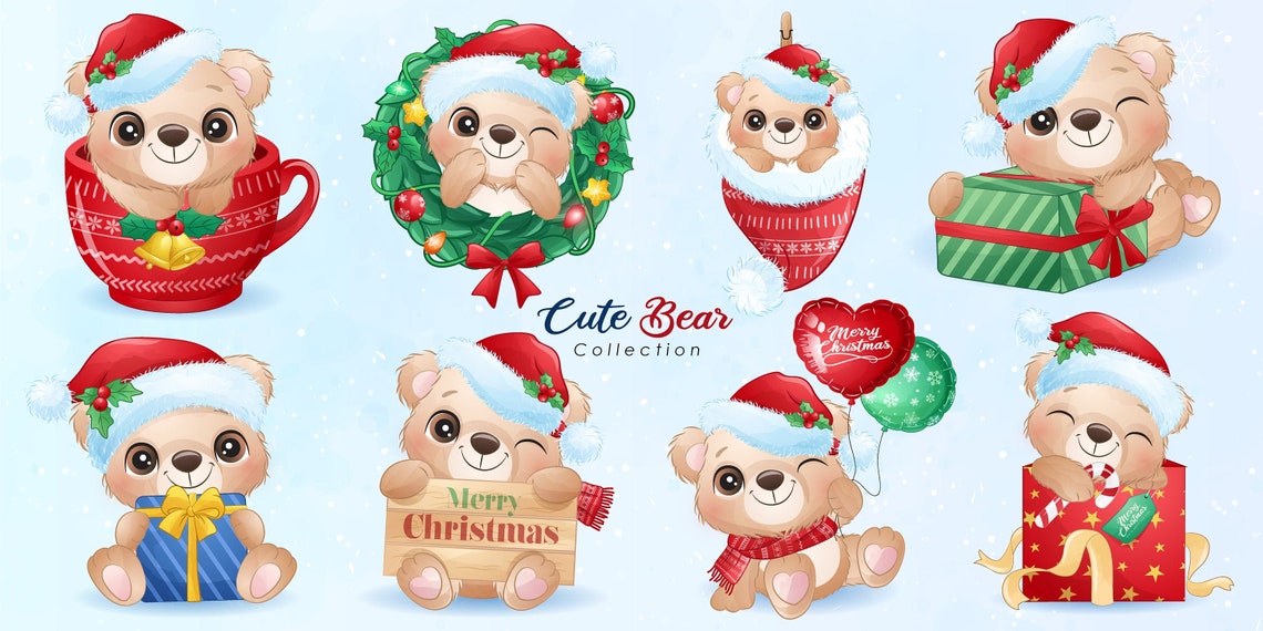 Cute Bear for Merry Christmas Clipart With Watercolor - Etsy