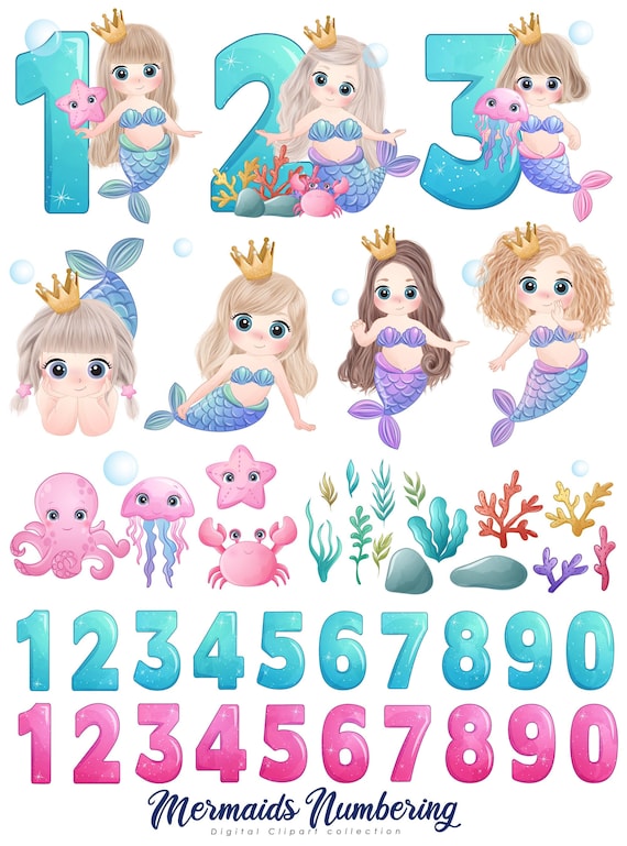 Cute Mermaids With Numbering Digital Clipart Set - Etsy Canada