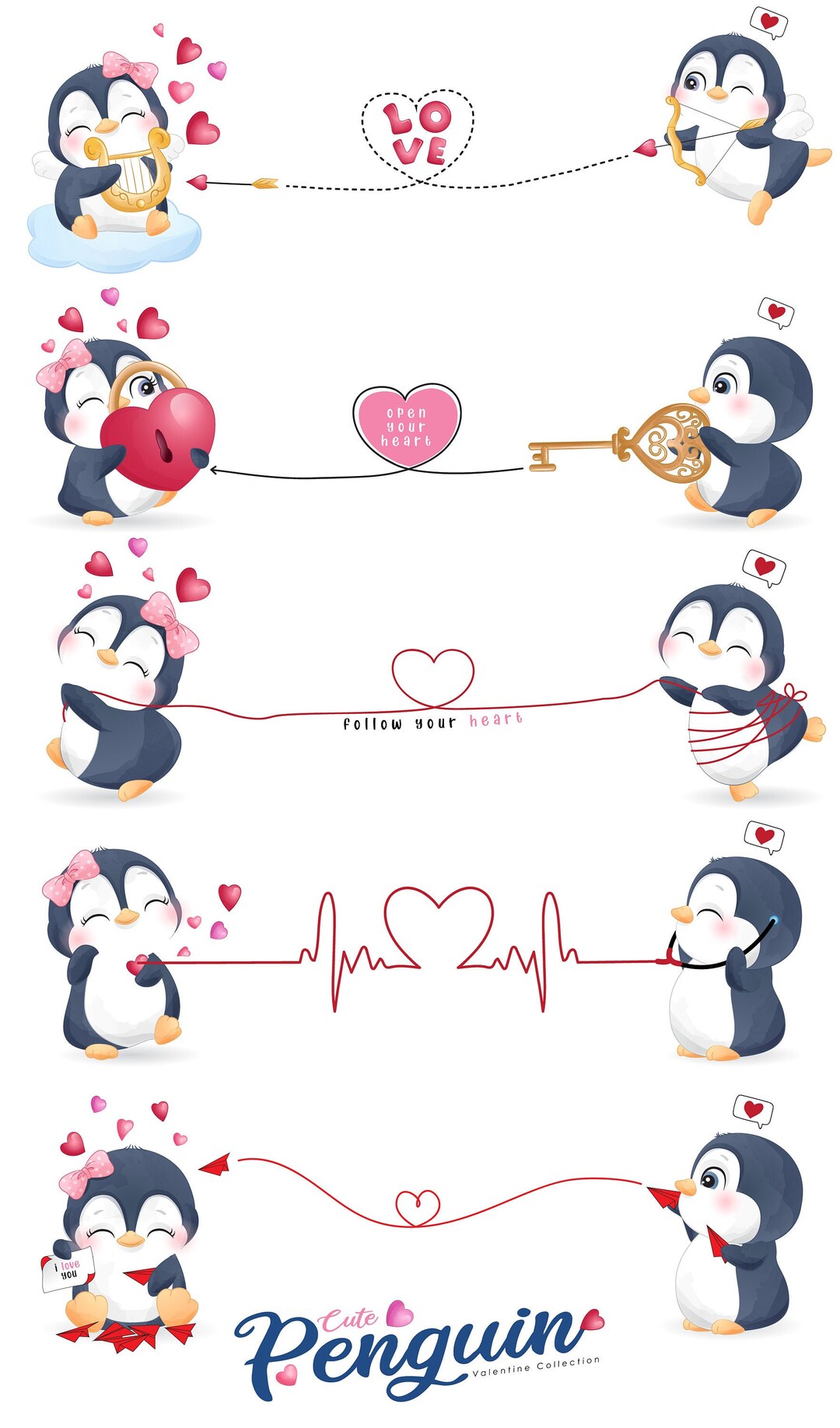 Cute Penguin for Valentine’s Day Clipart Set. - Etsy
