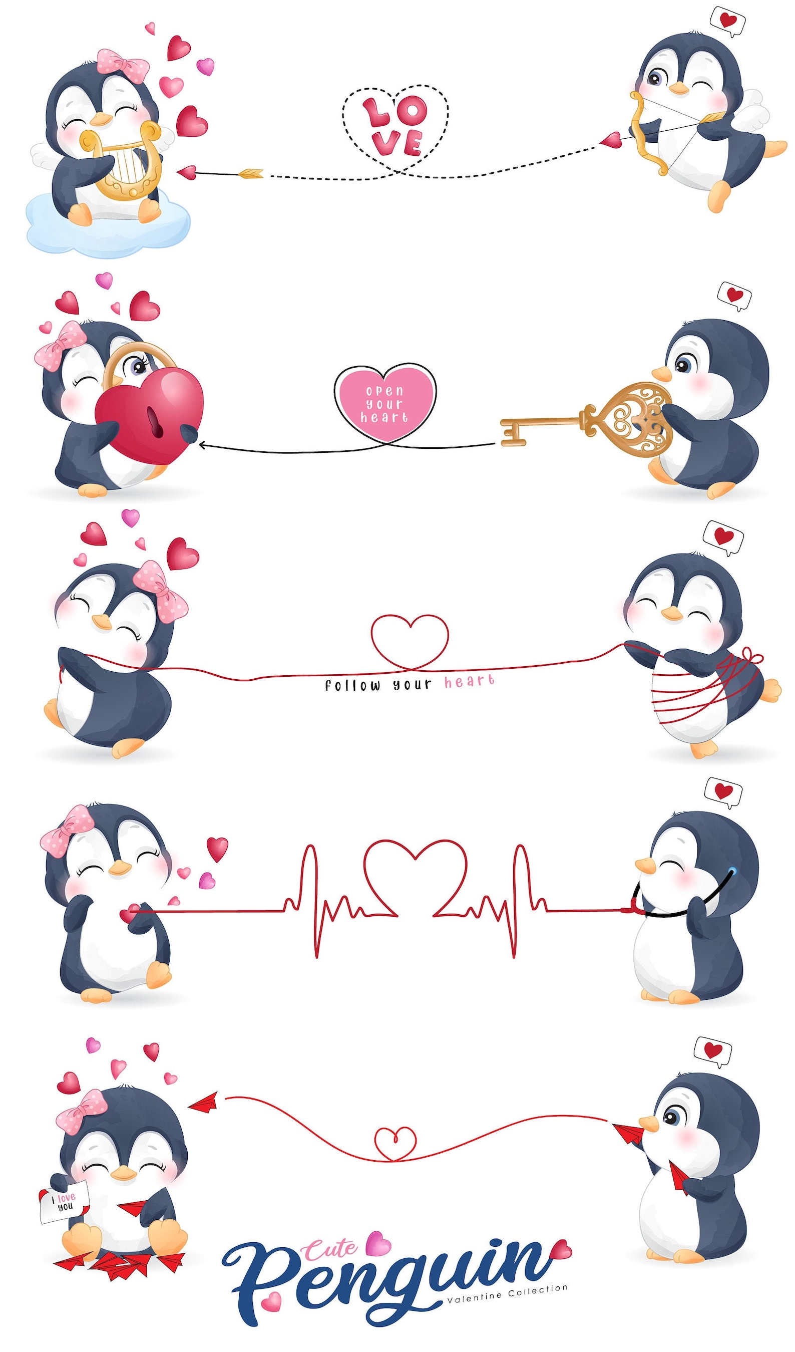 Cute Penguin for Valentines Day Clipart Set. - Etsy
