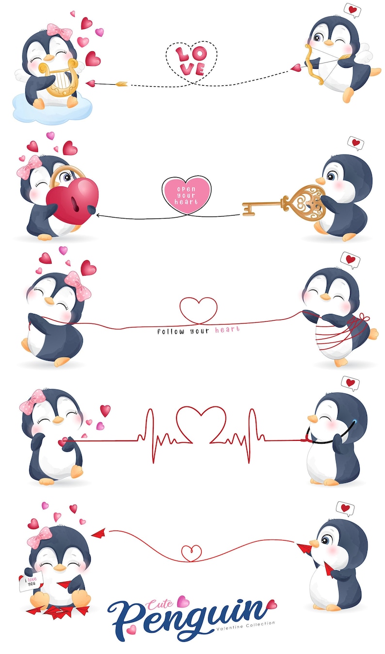 Cute Penguin for Valentines Day Clipart Set. - Etsy