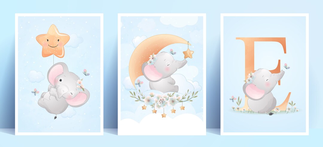 Kids Prints Elephant for Kids Poster Set. Digital Watercolor Effect ...