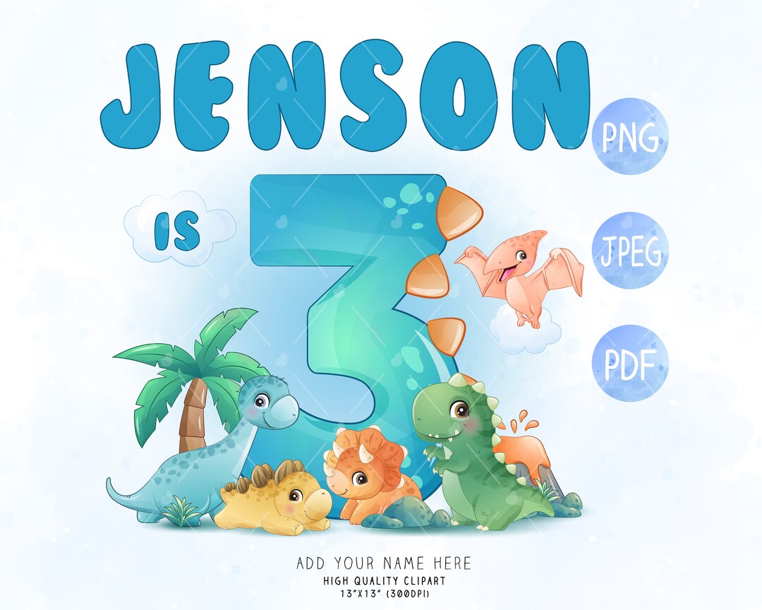 Custom Name With Adorable Dinosaurs Boy Birthday Number 3 Digital ...